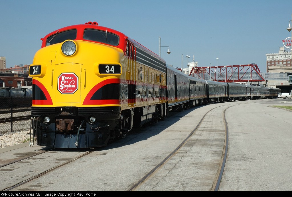 KCS #34, with business cars at Kansas City"Union Station